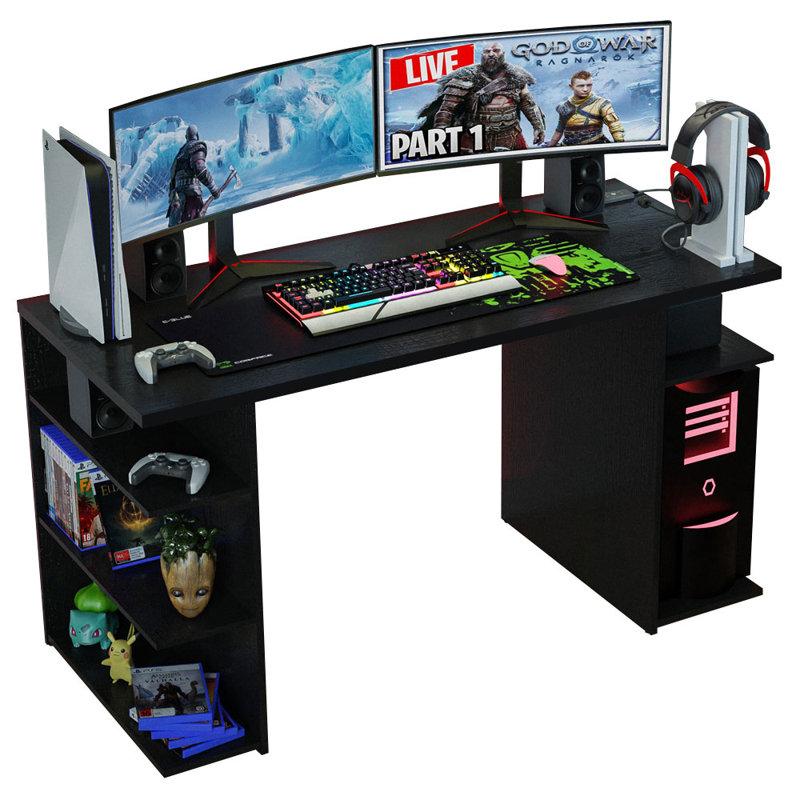 Gaiana Large Modern Gaming Computer Desk 53 Inch with 5 Shelves Cable Management Student Study Wooden Table Home Office Gamer Desk for Kids and Adults